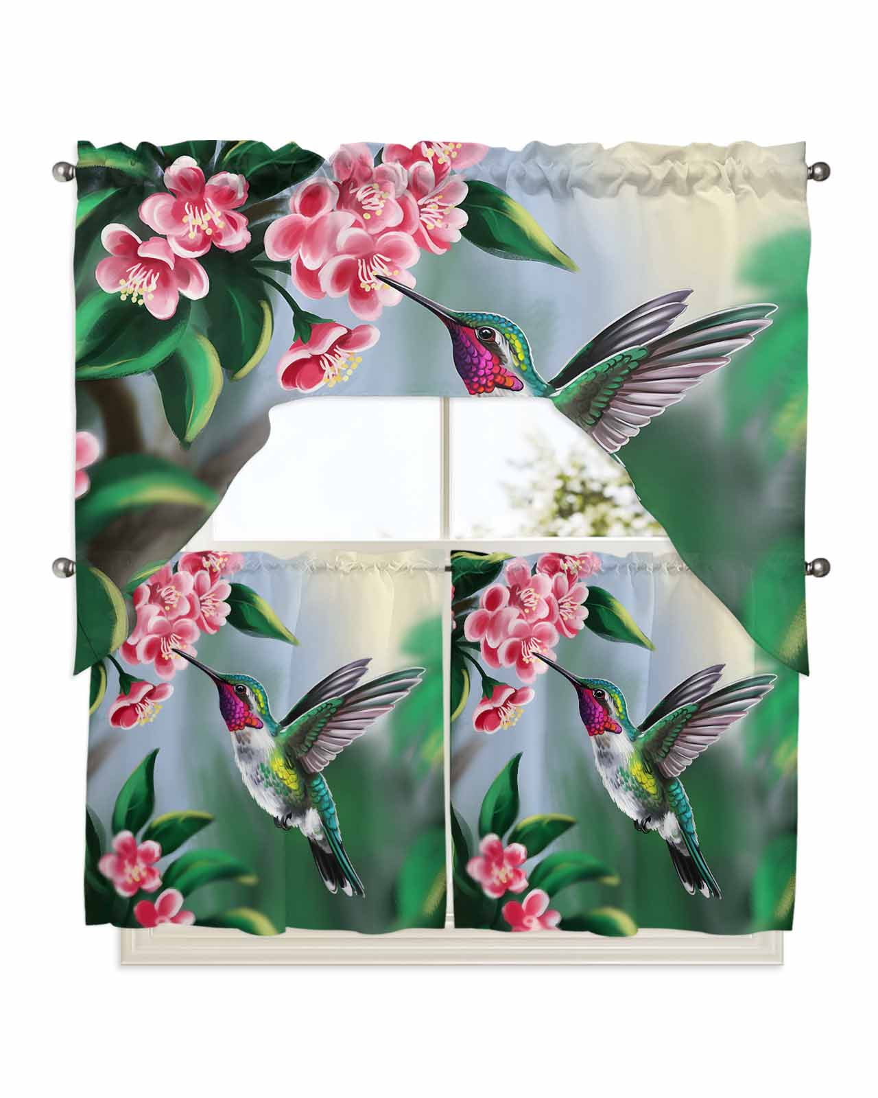 Green Hummingbird Kitchen Curtains Swag Valance and Tier Curtains Set ...