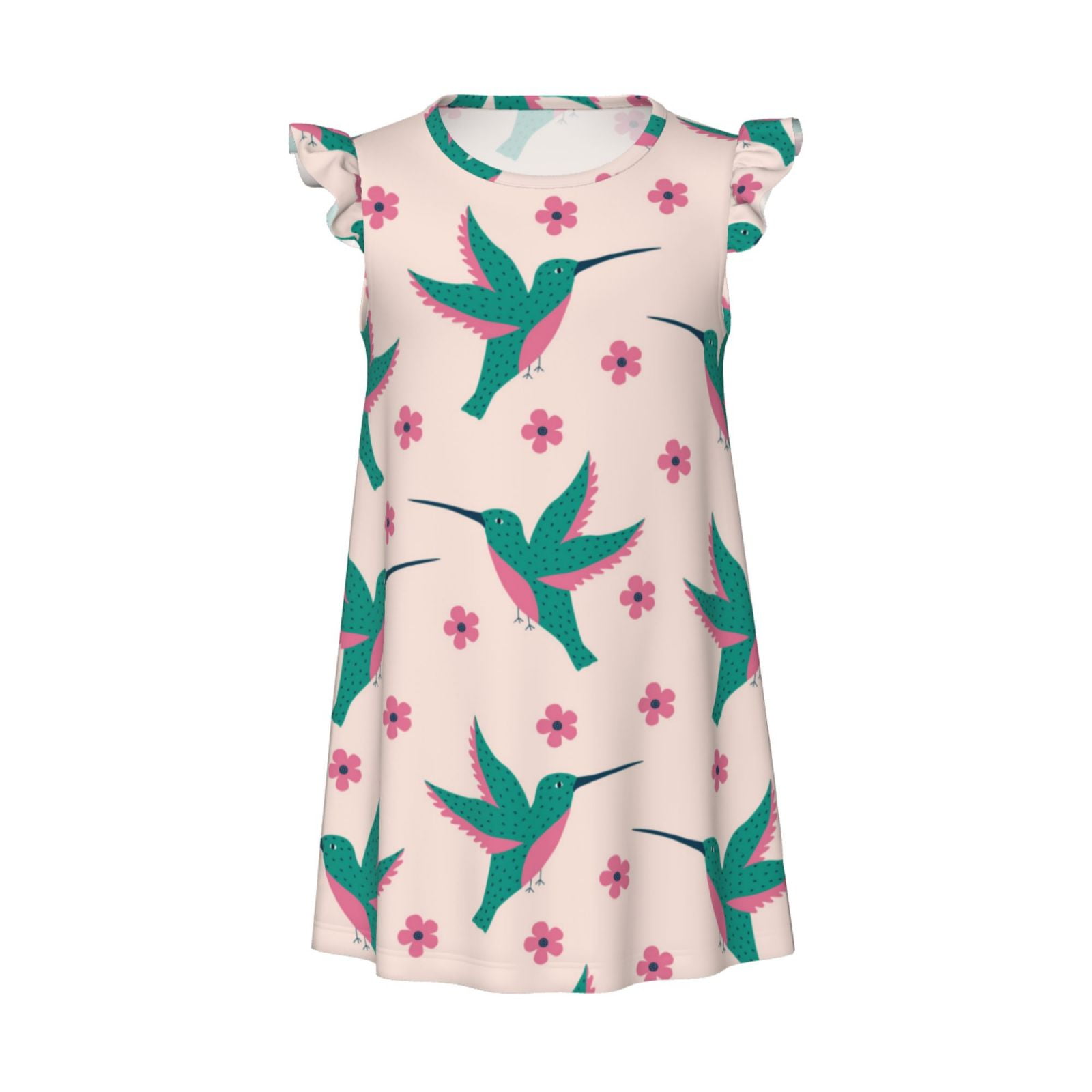 Green Hummingbird Pink Flower Girls Nightgown, Flutter Short Sleeves ...
