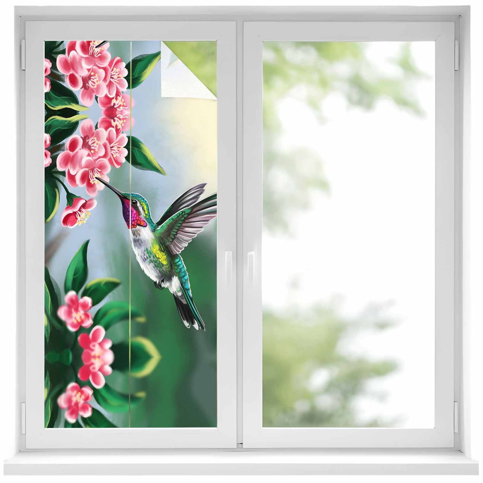 Green Hummingbird Window Privacy Film, Spring Summer Pink Flower Leaf ...