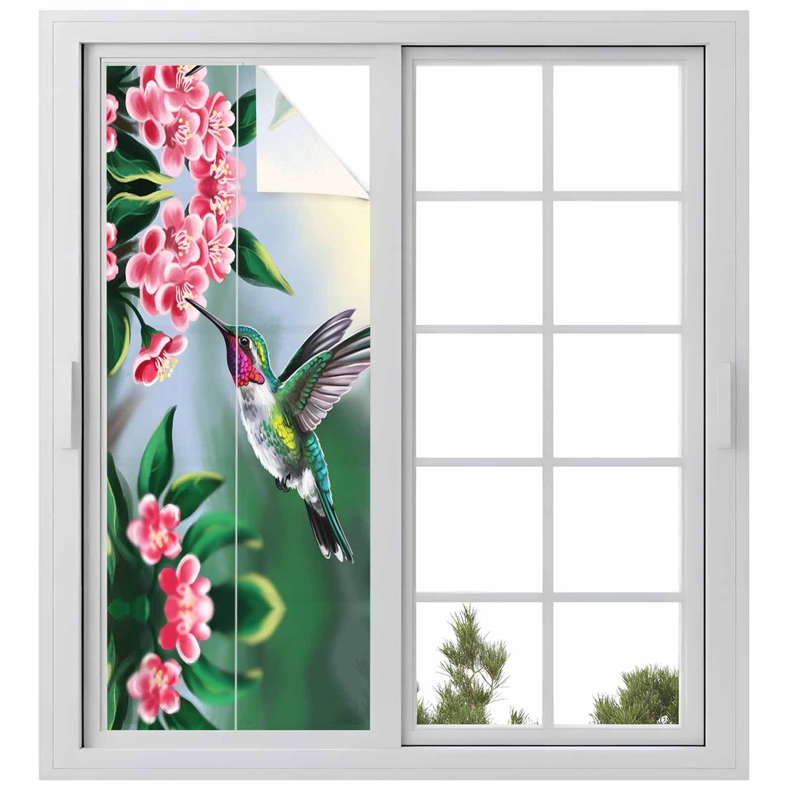 Green Hummingbird Window Privacy Film, Spring Summer Pink Flower Leaf ...