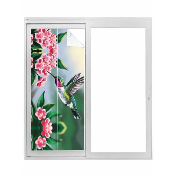 Green Hummingbird Window Privacy Film, Spring Summer Pink Flower Leaf ...