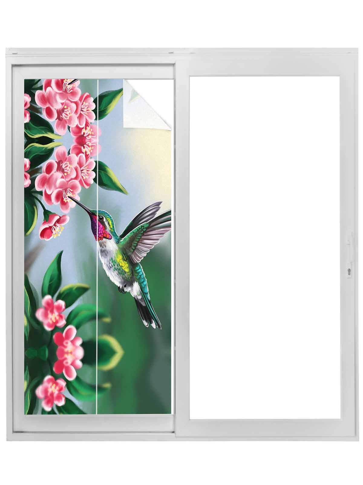 Green Hummingbird Window Privacy Film, Spring Summer Pink Flower Leaf ...