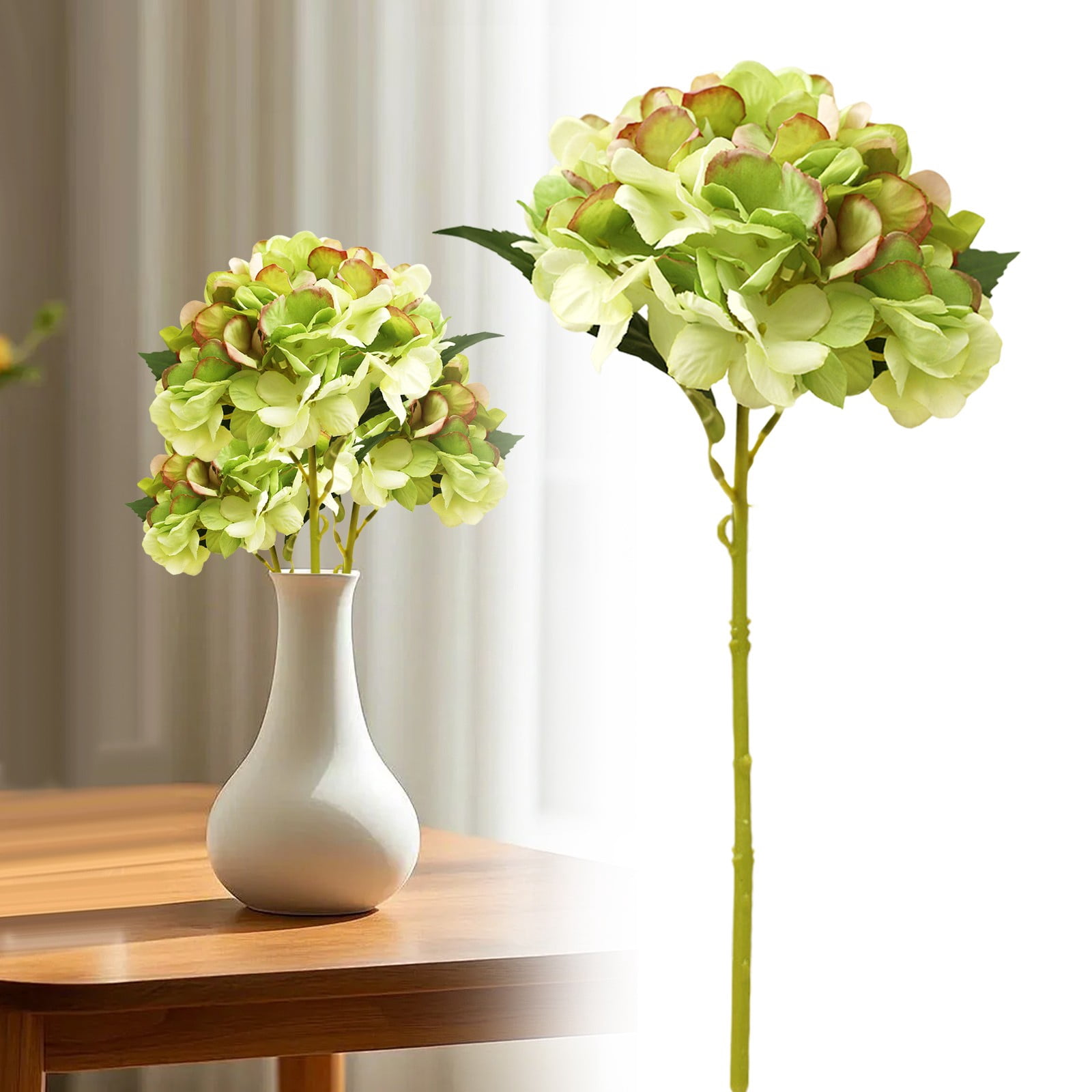 Green Hydrangea Artificial Flowers Single Stem Fake Flowers with Leaves ...