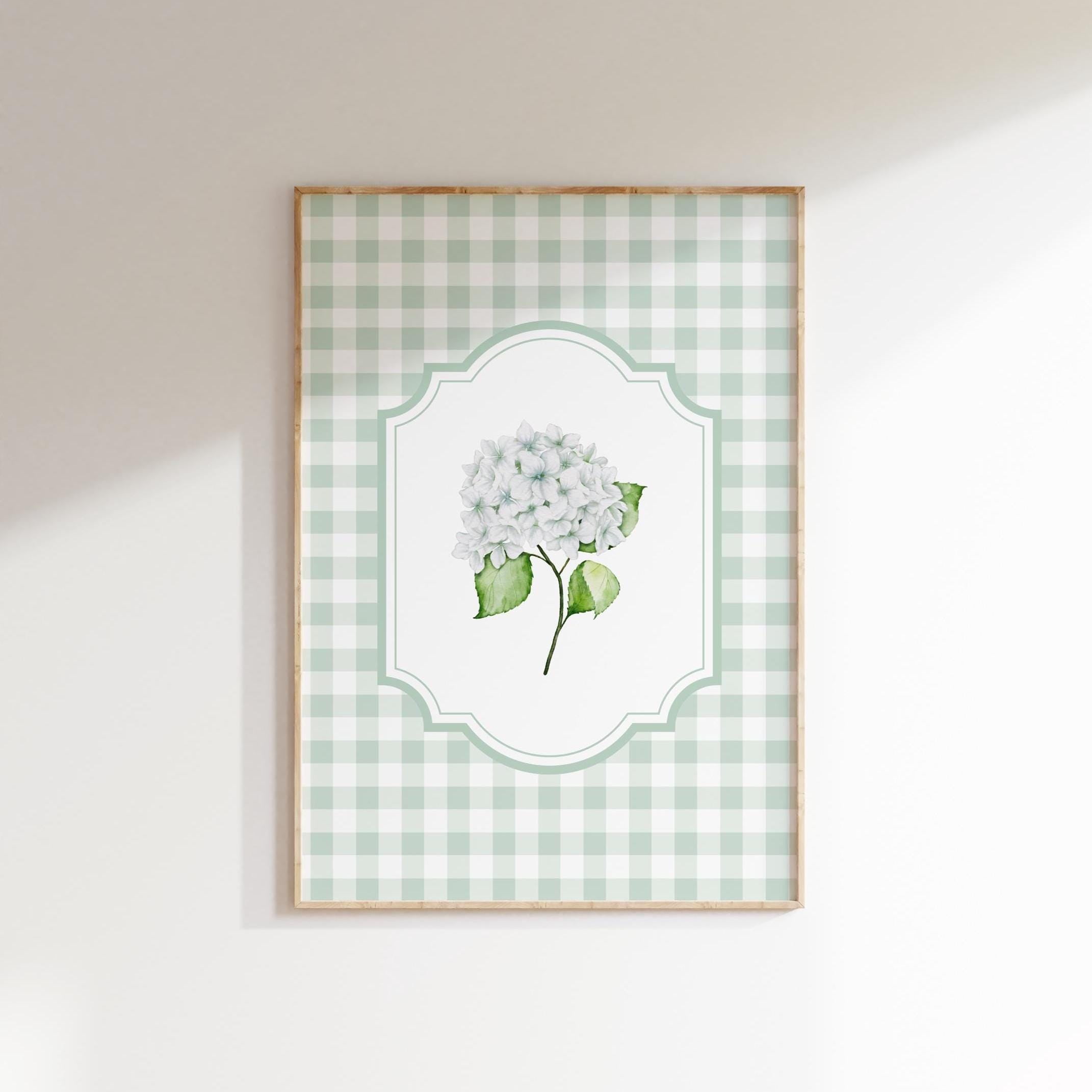 Green Hydrangea Gingham Poster Nursery Coquette Vintage Florals ...