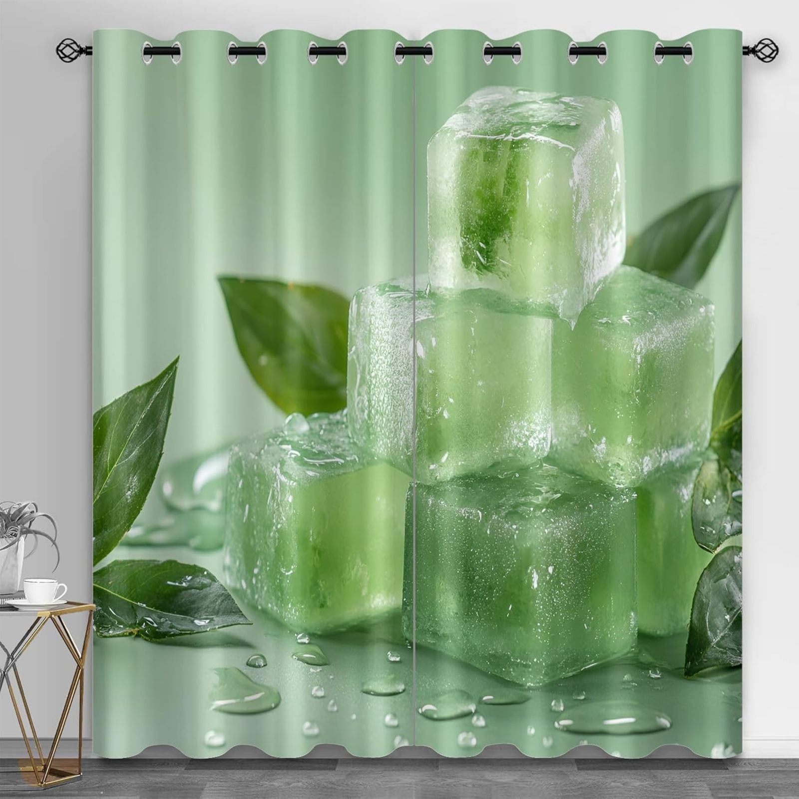 Green-Ice Cubes Print 3D Print Window Curtain Panel, Refreshing ...