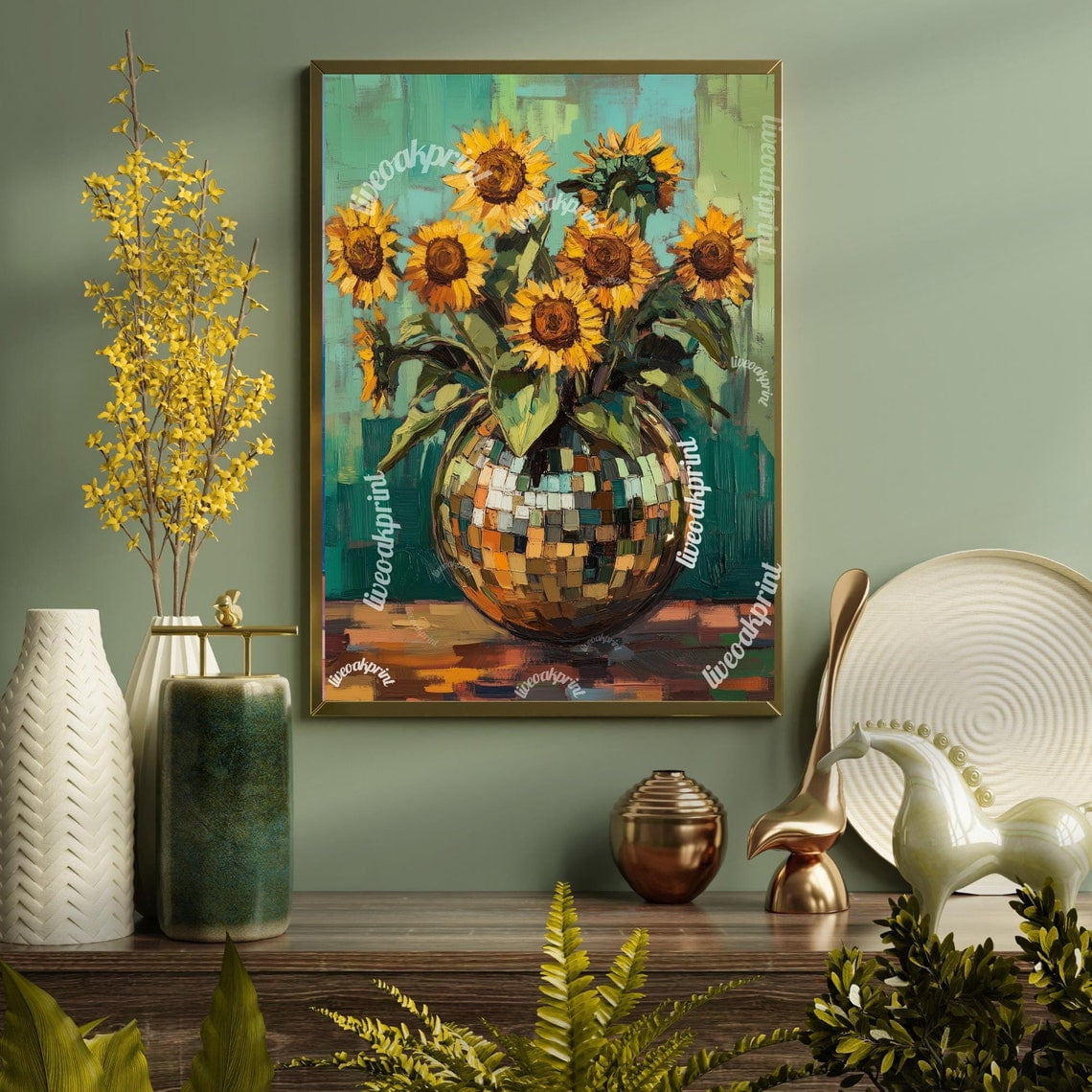 Green Impressionist Sunflowers In A Disco Vase - Disco Ball Wall Art ...