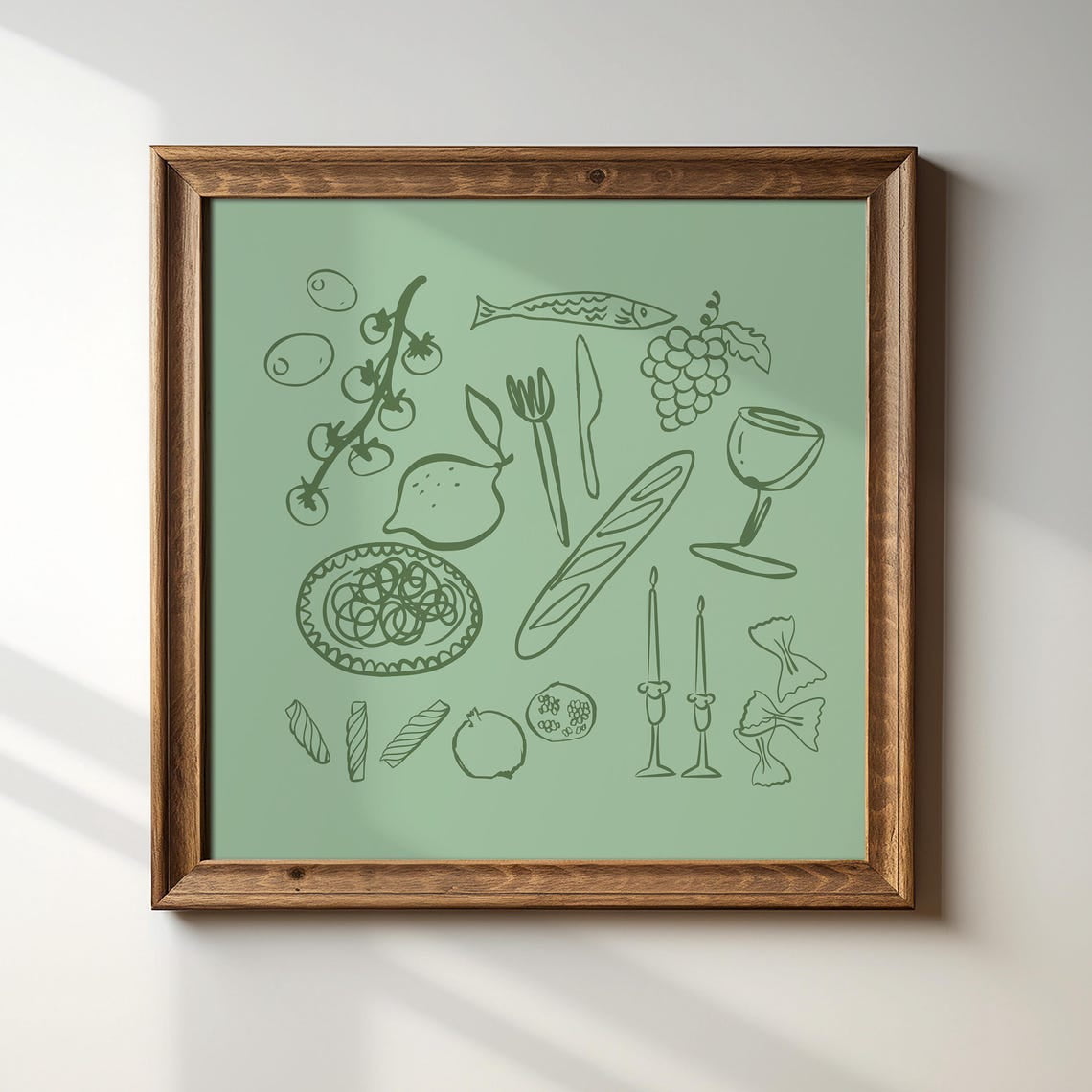 Green Italian Dinner Square Doodle Line Illustration Print, Art Print ...