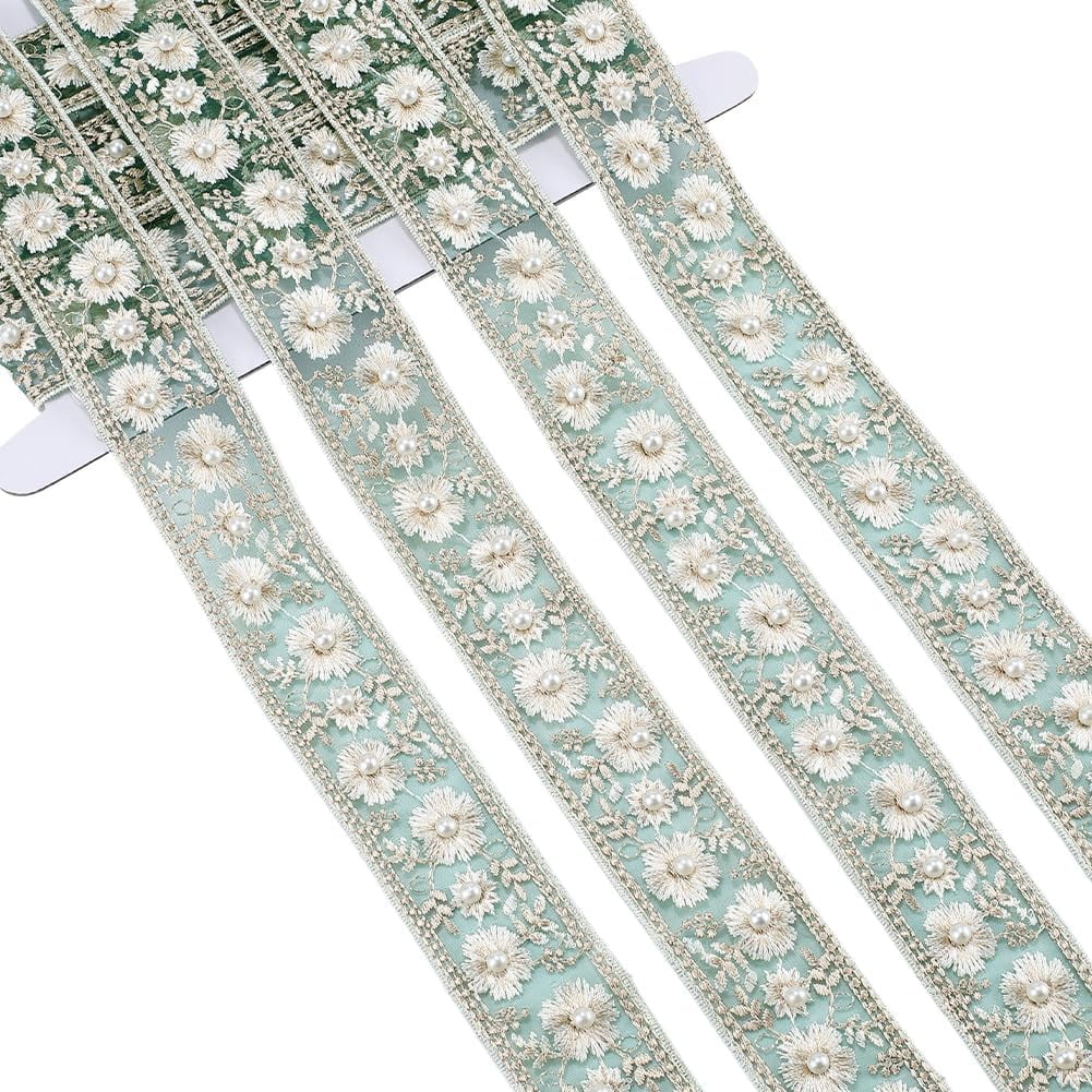 Green Jacquard Ribbon Embroidery Trim Pearl Flower Lace Embroidered ...