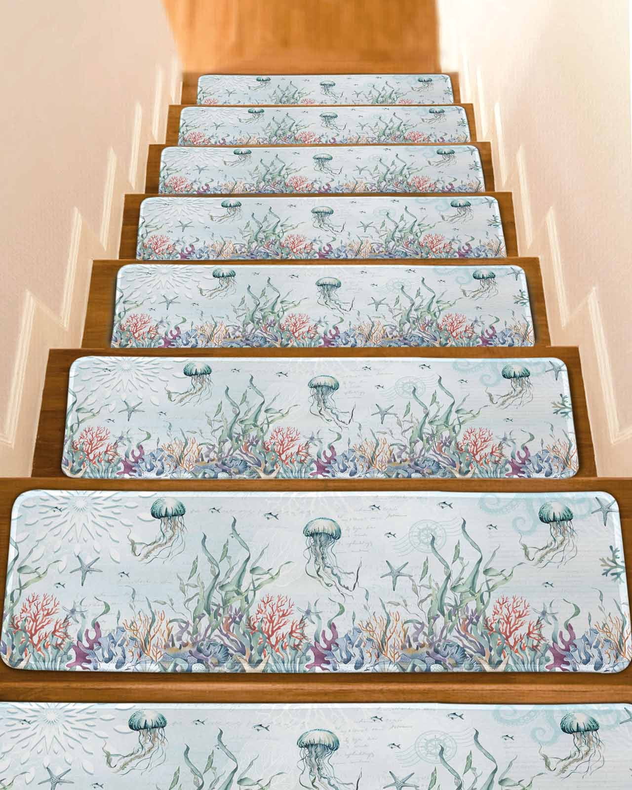 Green Jellyfish Coastal Stair Treads for Wooden Steps Indoor Runner Rug ...