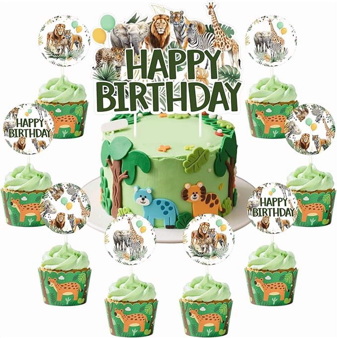 Green Jungle Animal Birthday Party Decor Boy 25Pcs Jungle Animal Happy ...