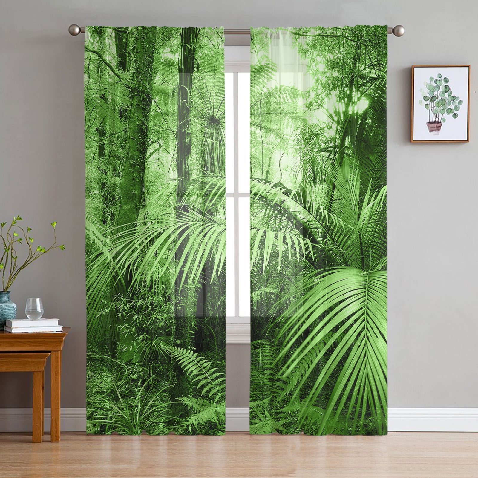 Green Jungle Forest Scenery Sheer Curtain for Living Room Bedroom Voile Drape Kitchen Window ...