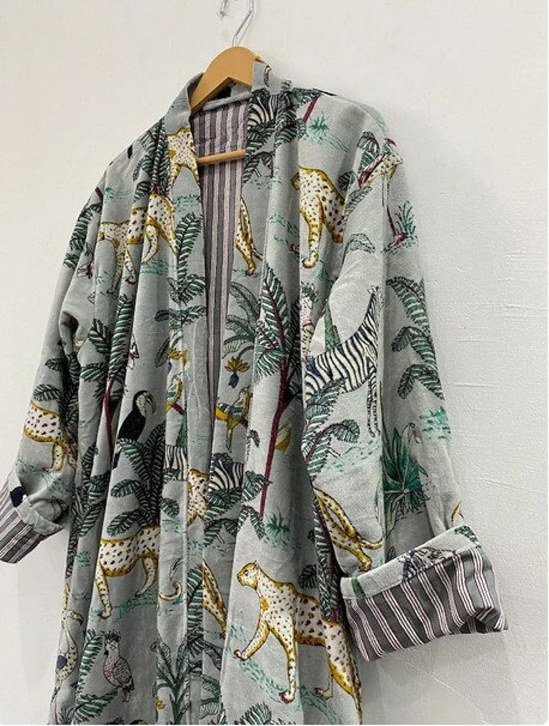Grey Jungle Print Velvet Kimono Robes, Morning Tea Velvet Coat ...