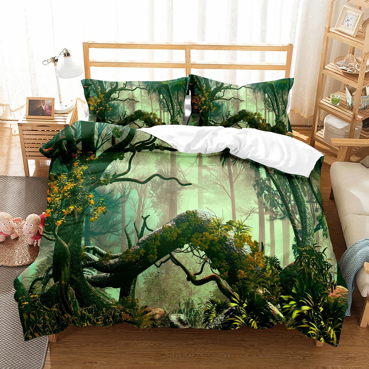Green Jungle Theme King Full Duvet Cover Forest Trees Bedding Set ...