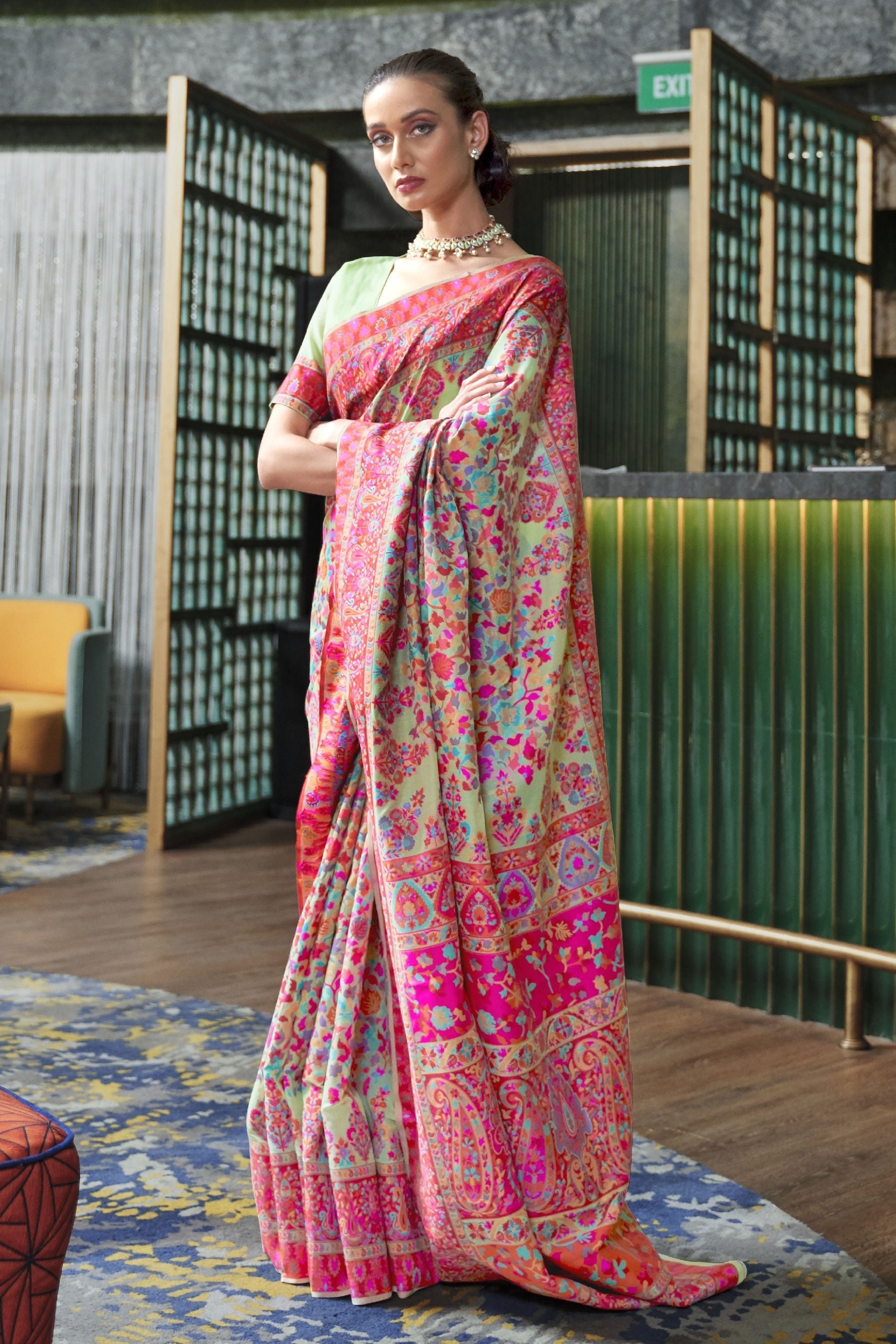 Green Kashmiri Jamewar Silk Saree - Walmart.com