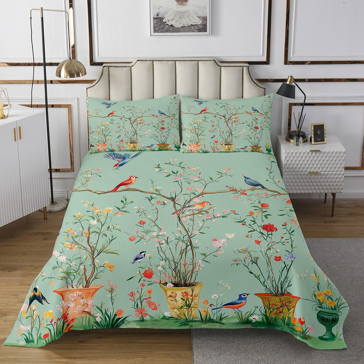 Green King Quilt Set for Girls Women, Bird Floral Bedspread Set for ...