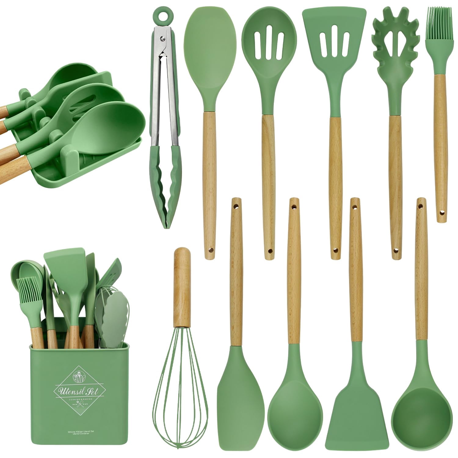 Green Kitchen Cooking Utensils Set-Heat Resistant Silicone Cooking ...