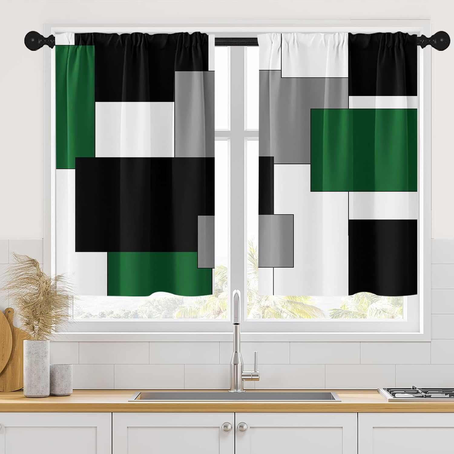 Green Kitchen Curtains 36 Inch Length Dark Grey White Window Short Tier ...