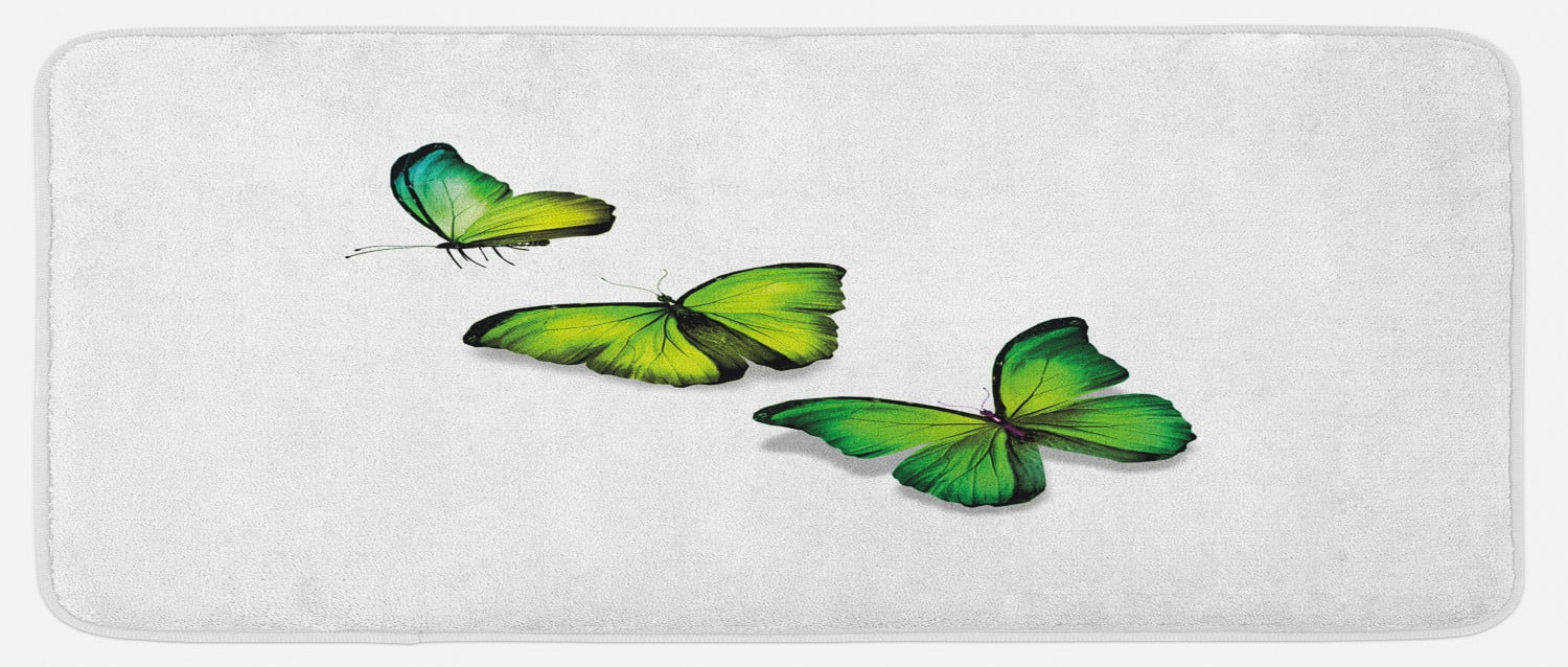 Green Kitchen Mat, 3 Vibrant Butterflies on White Backdrop Spring ...