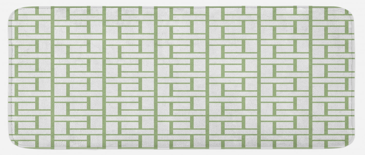 Green Kitchen Mat, Maze Shaped Squares Rectangulars Geometrical Lines ...