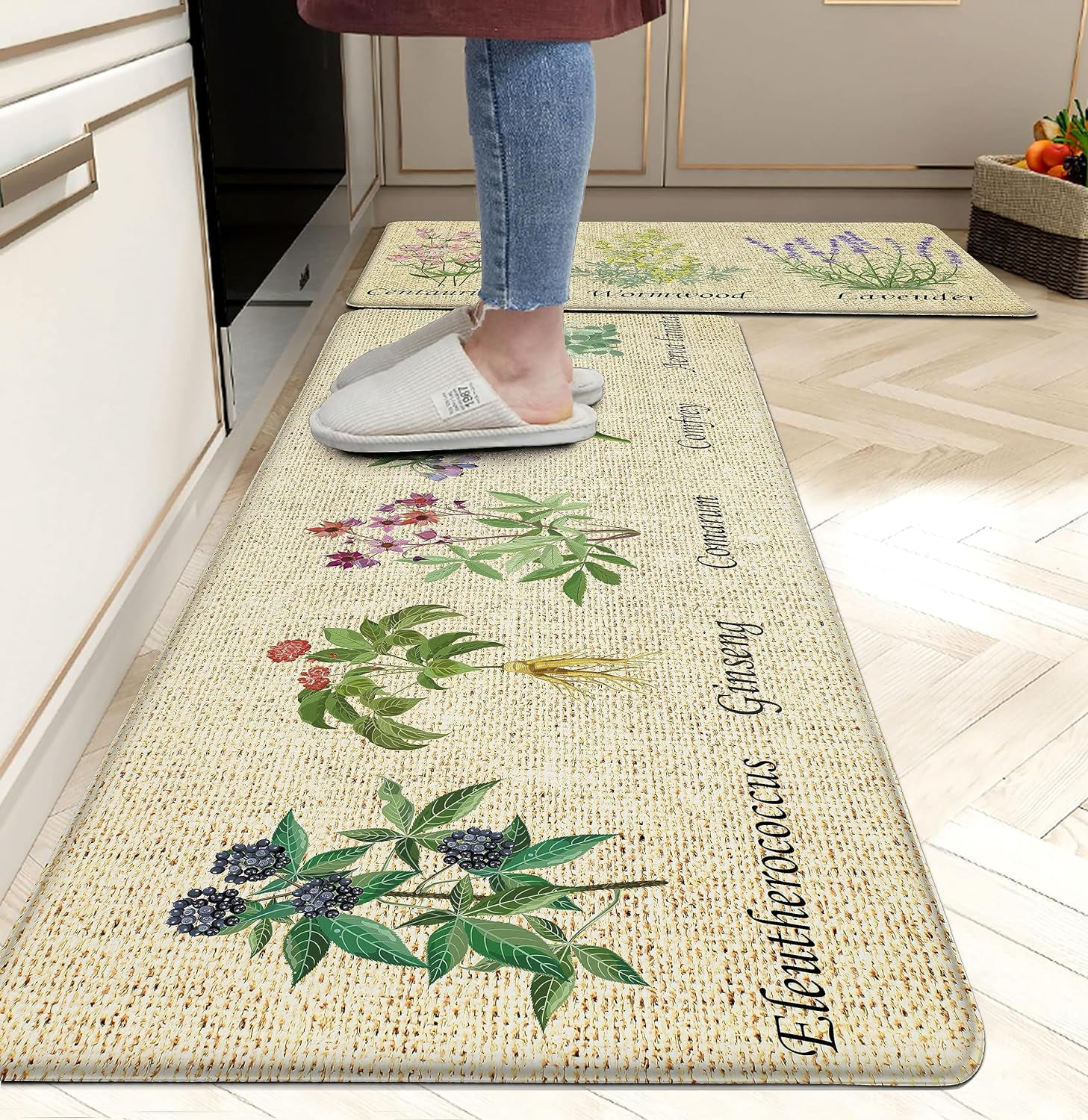 Green Kitchen Mats for Floor Set of 2 Chic Herbs Plants Pattern Non ...