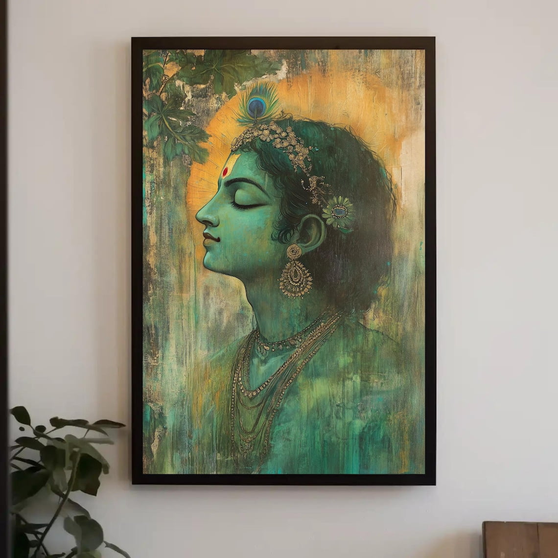 Green Krishna Peacock Canvas Art – Ethereal Indian Wall Painting ...