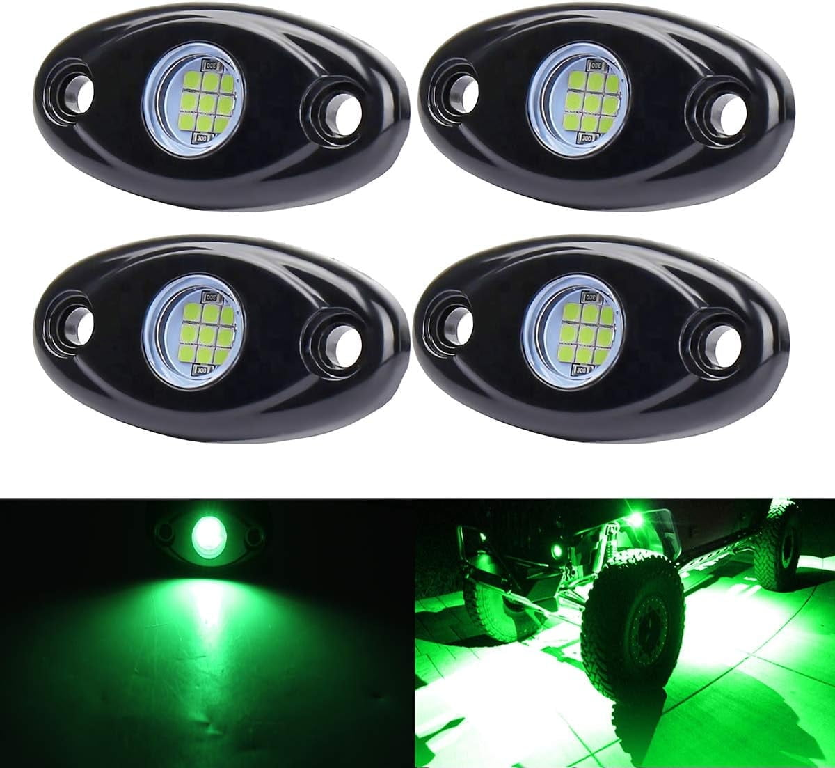 Green LED Rock Lights, 4 Pods Neon 12V Waterproof Underglow Underbody ...