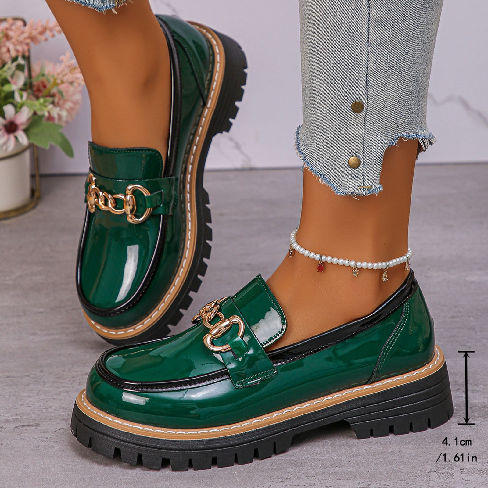 Green Ladies Loafers Metal Chain Detail Solid Color Glossy Leather ...