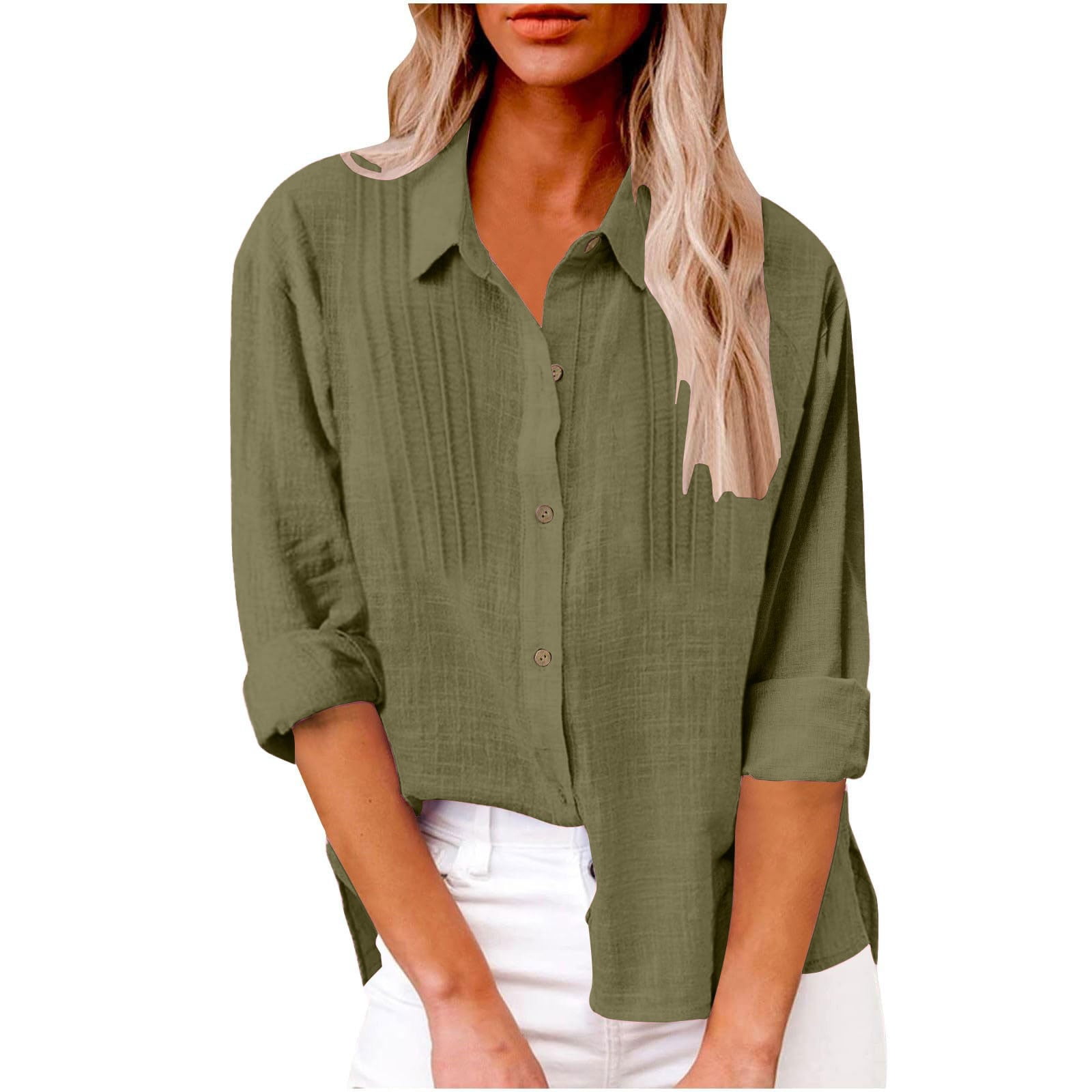 Green Ladies Tops and Blouses Women's Cotton Linen Shirts Trendy Long ...