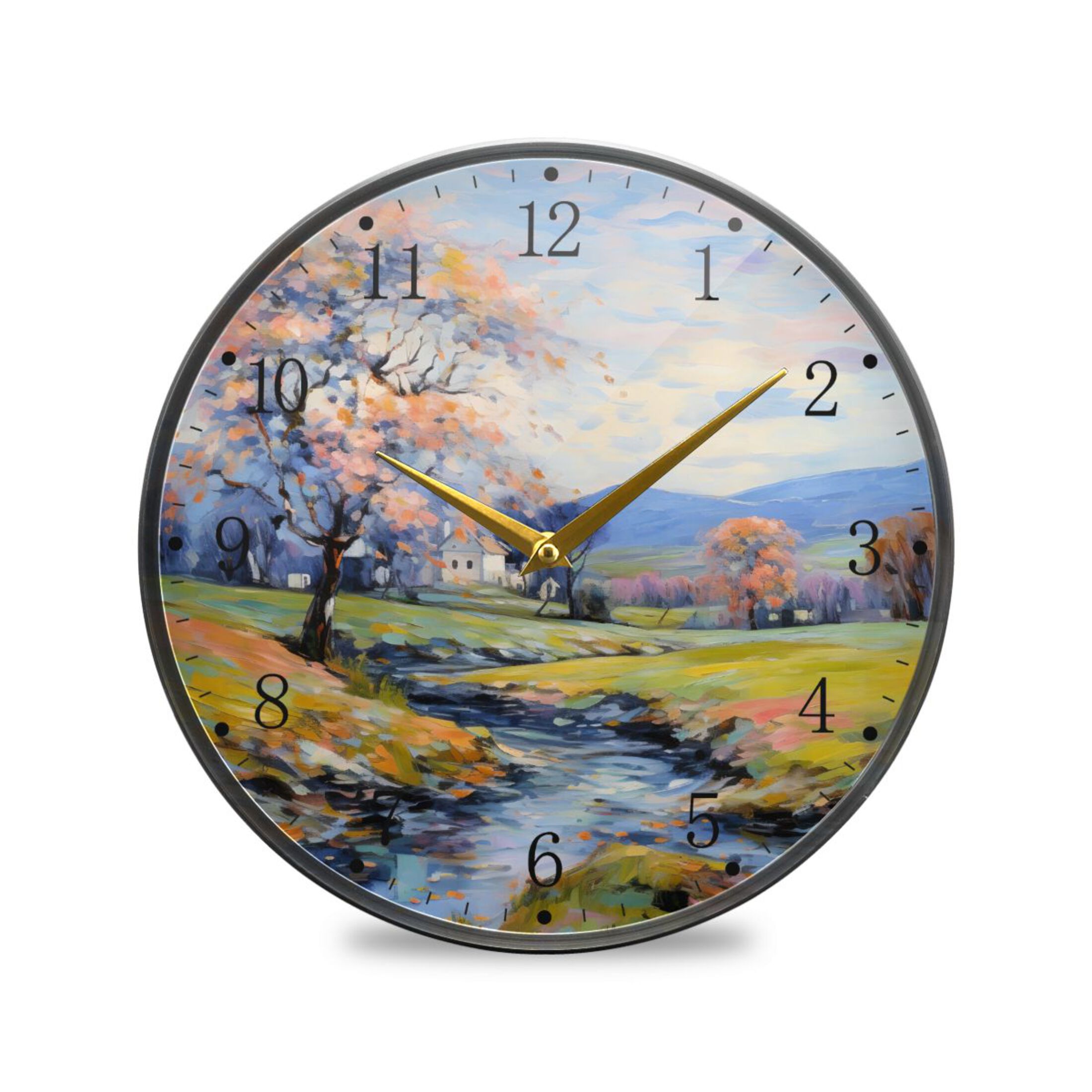 Green Landscape Acrylic Wall Clocks Quiet Round Clock Battery Operated ...
