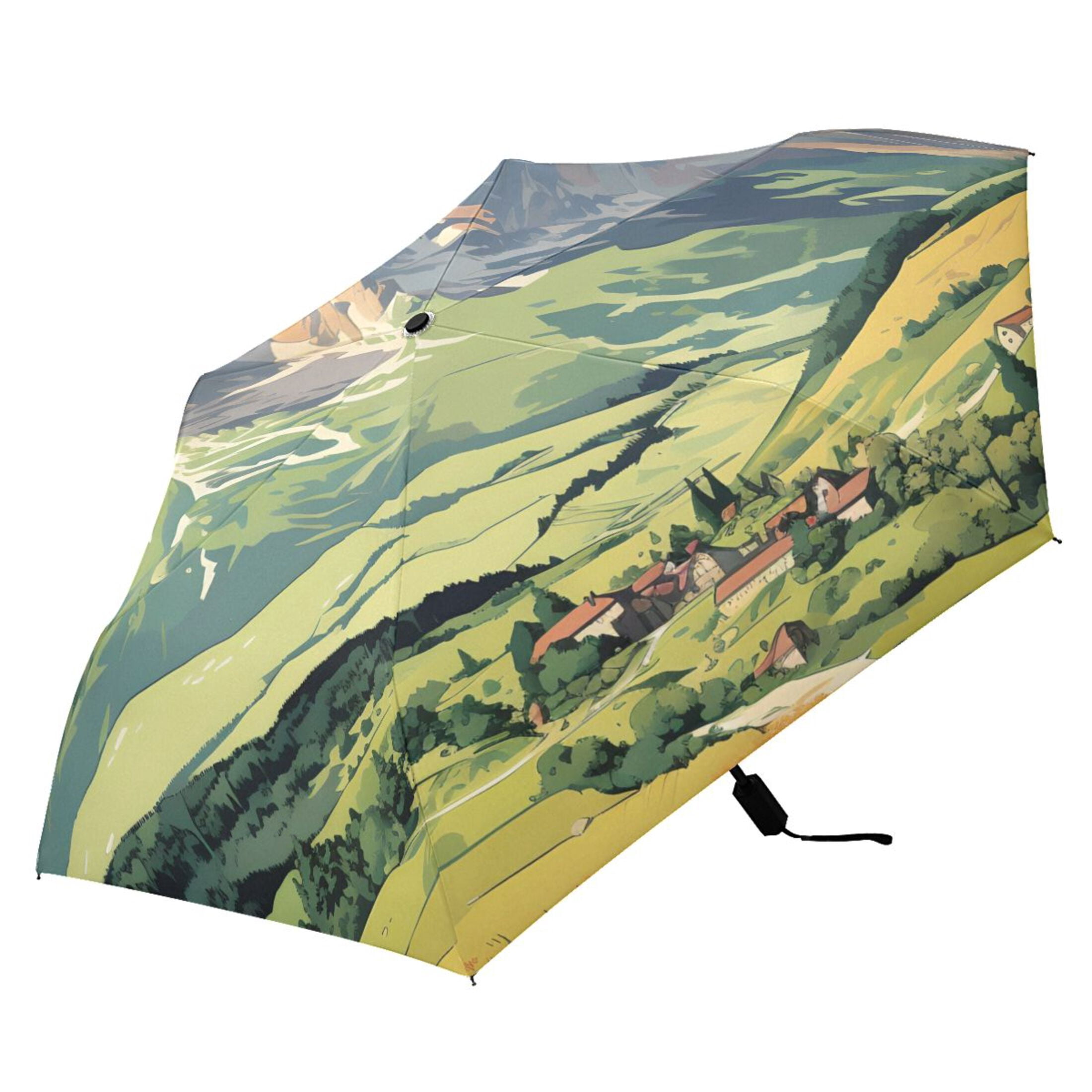 Green Landscape Compact Folding Umbrella for Rain Windproof Travel ...