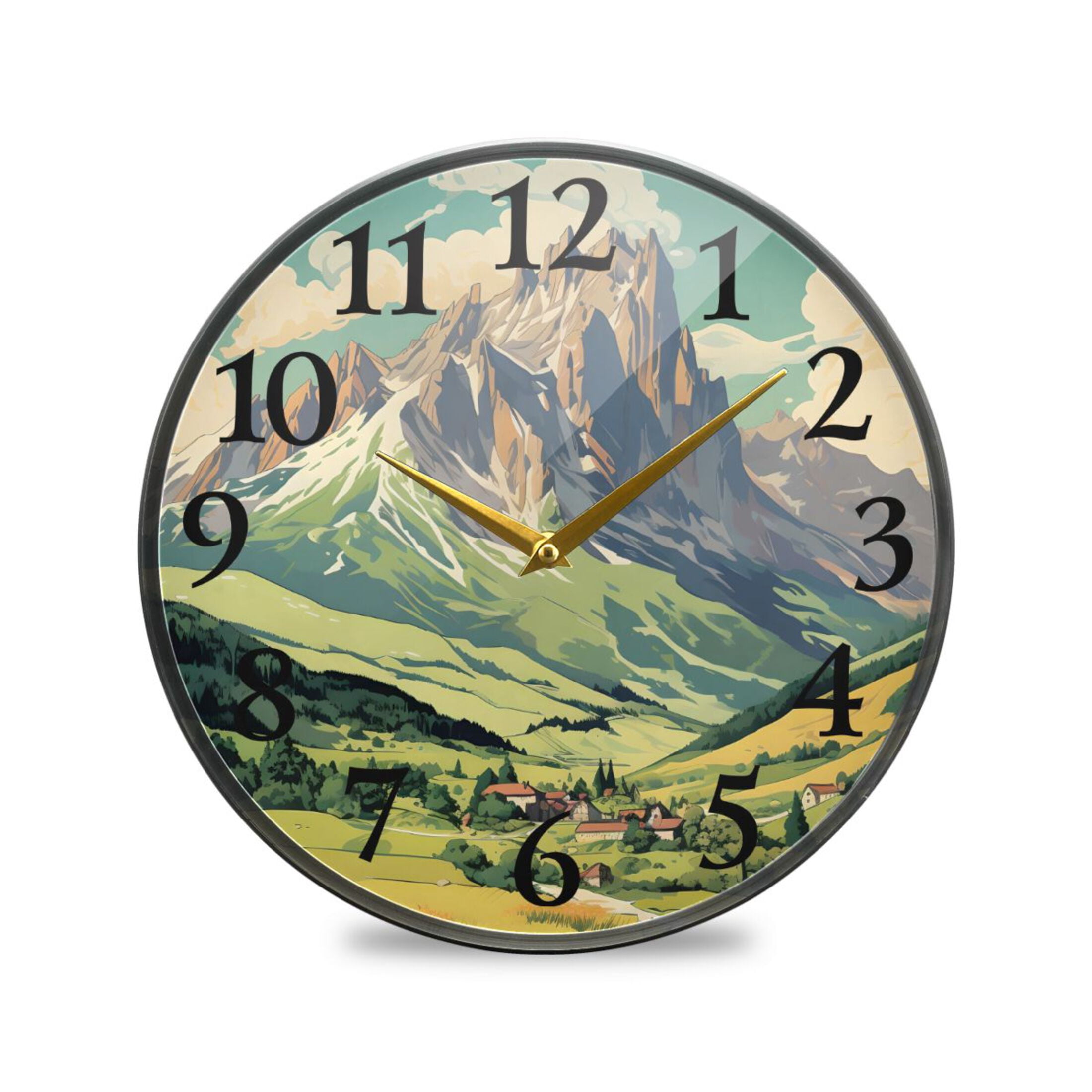 Green Landscape Wall Clocks Battery Operated 11.9 Inch Round Clock ...