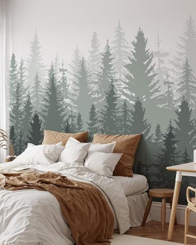 Green Landscape Wallpaper | Foggy Forest Peel and Stick Mural | Pine ...