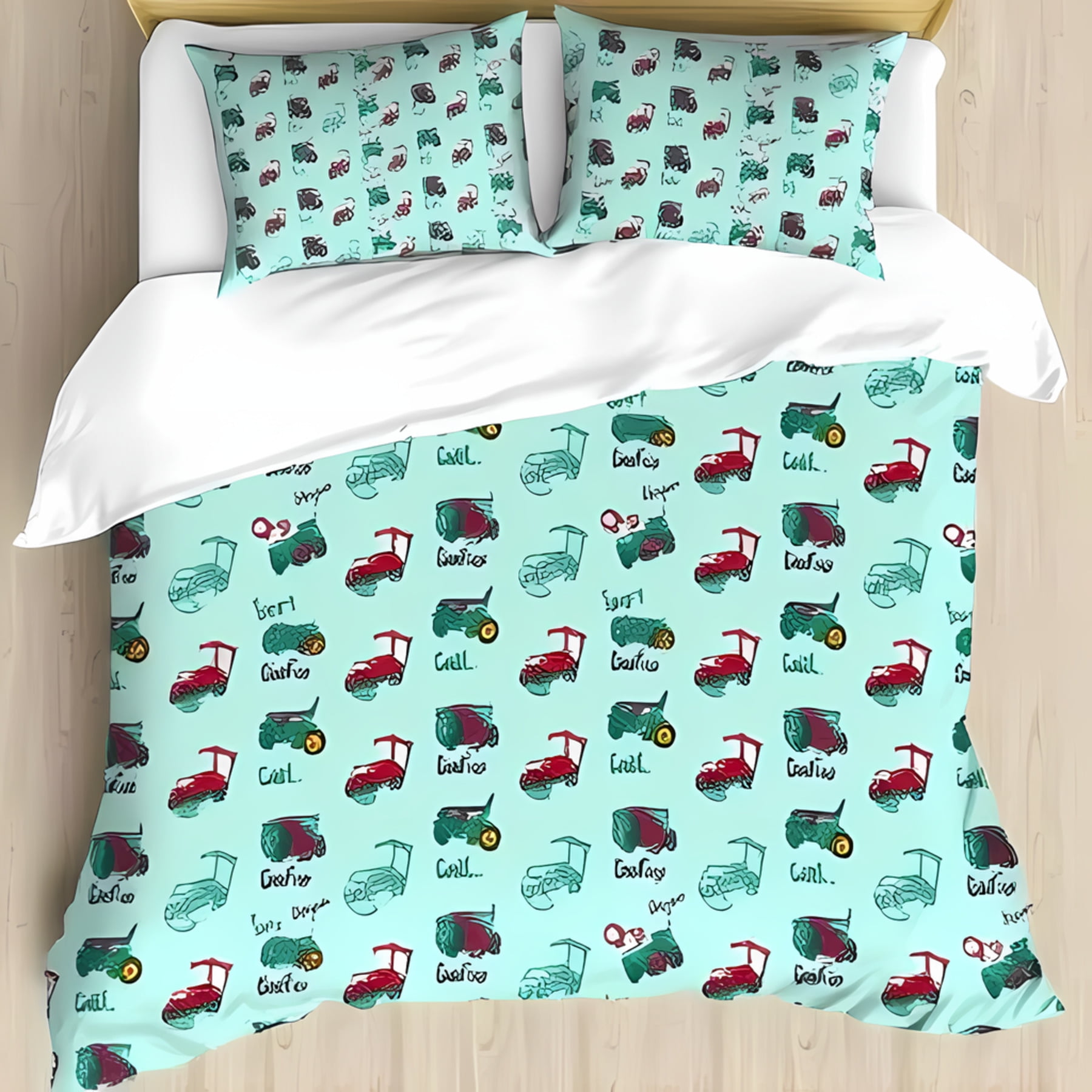 Green Lawn Tractor Bedding Set Whimsical Design with Red Tractors ...