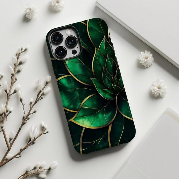 Green Leaf Art Deco Golden Lines Houseplant Trendy Case with iPhone 17 ...