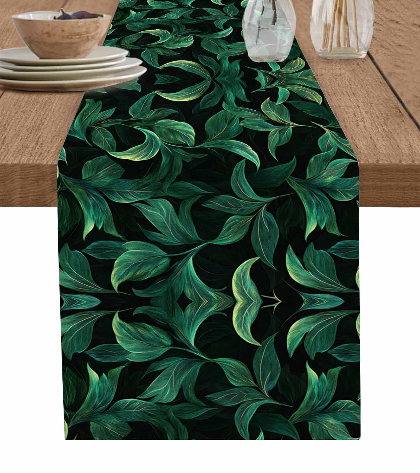 Green Leaf Burlap Cotton Table Runner 13x120 Inches Long, Nature Vines ...