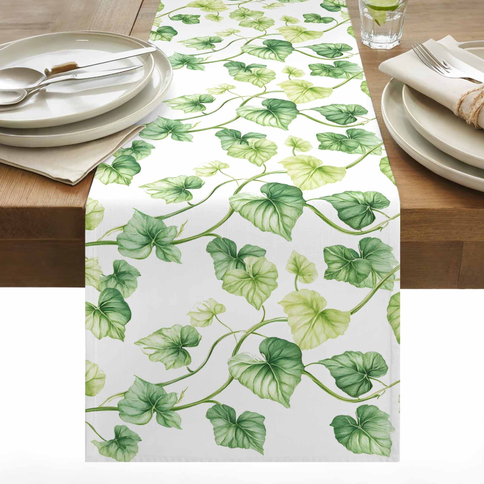 Green Leaf Cotton Linen Table Runner Spring Watercolor Country Gradient ...