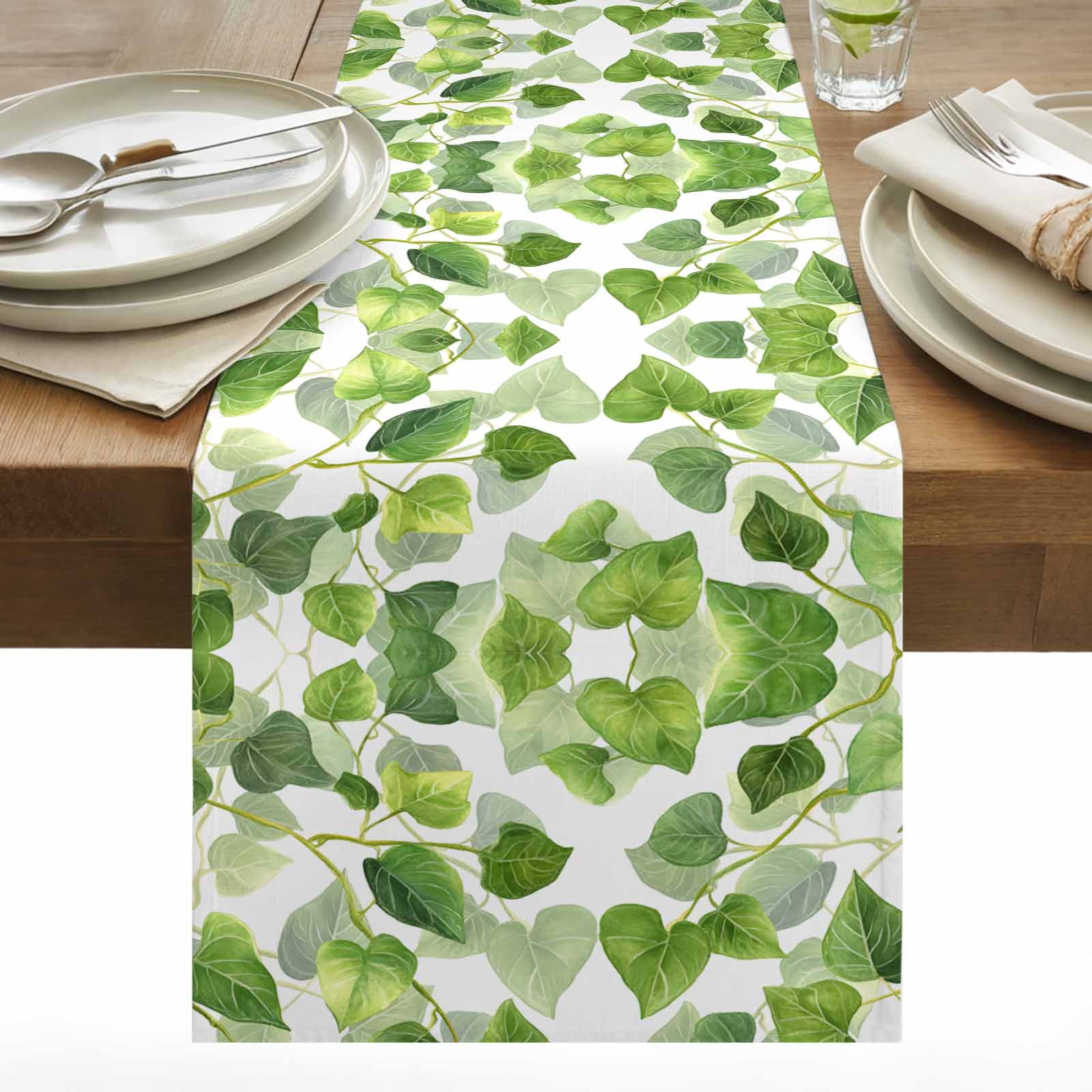 Green Leaf Cotton Linen Table Runner Spring Watercolor Country Green ...