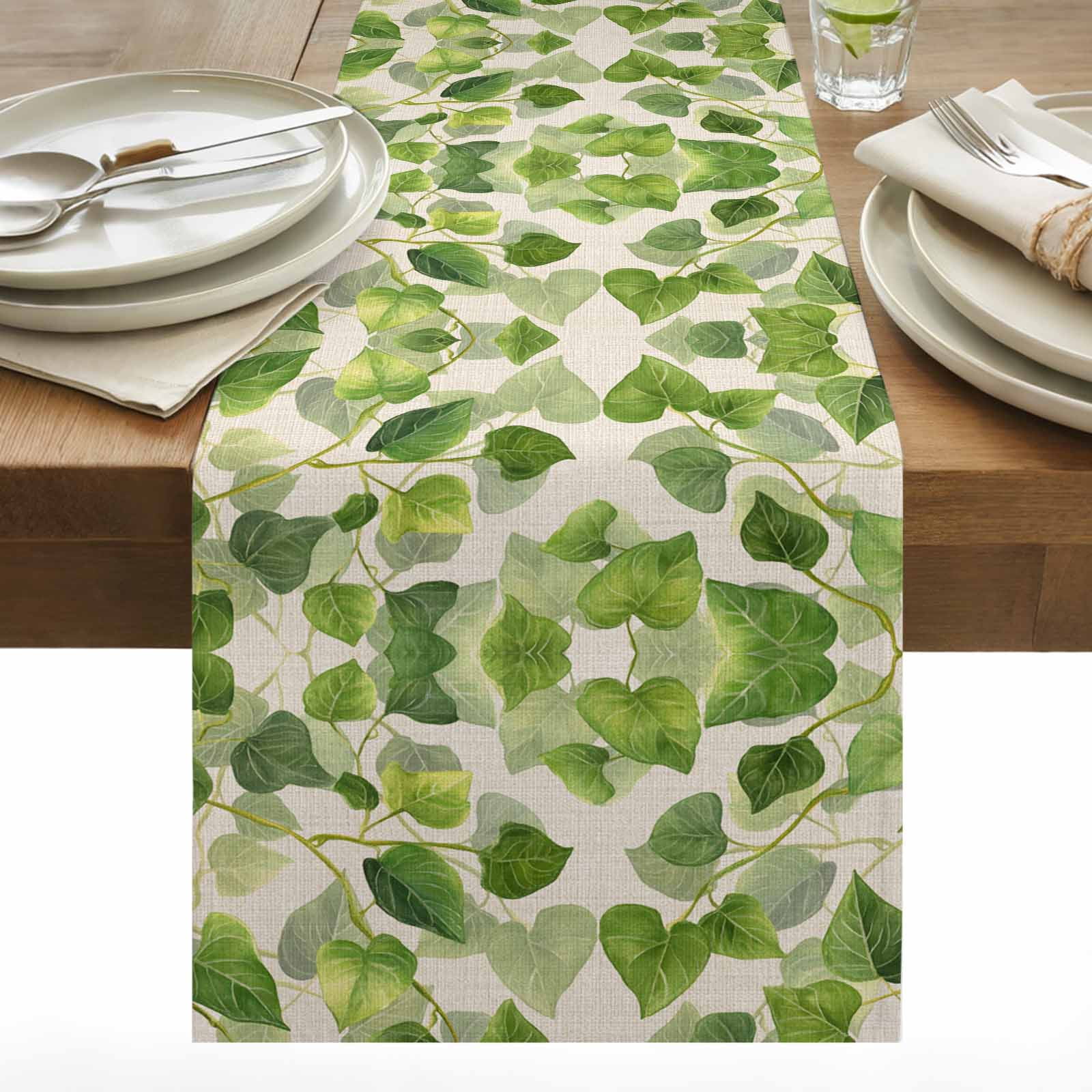 Green Leaf Cotton Linen Table Runner Spring Watercolor Country Green ...