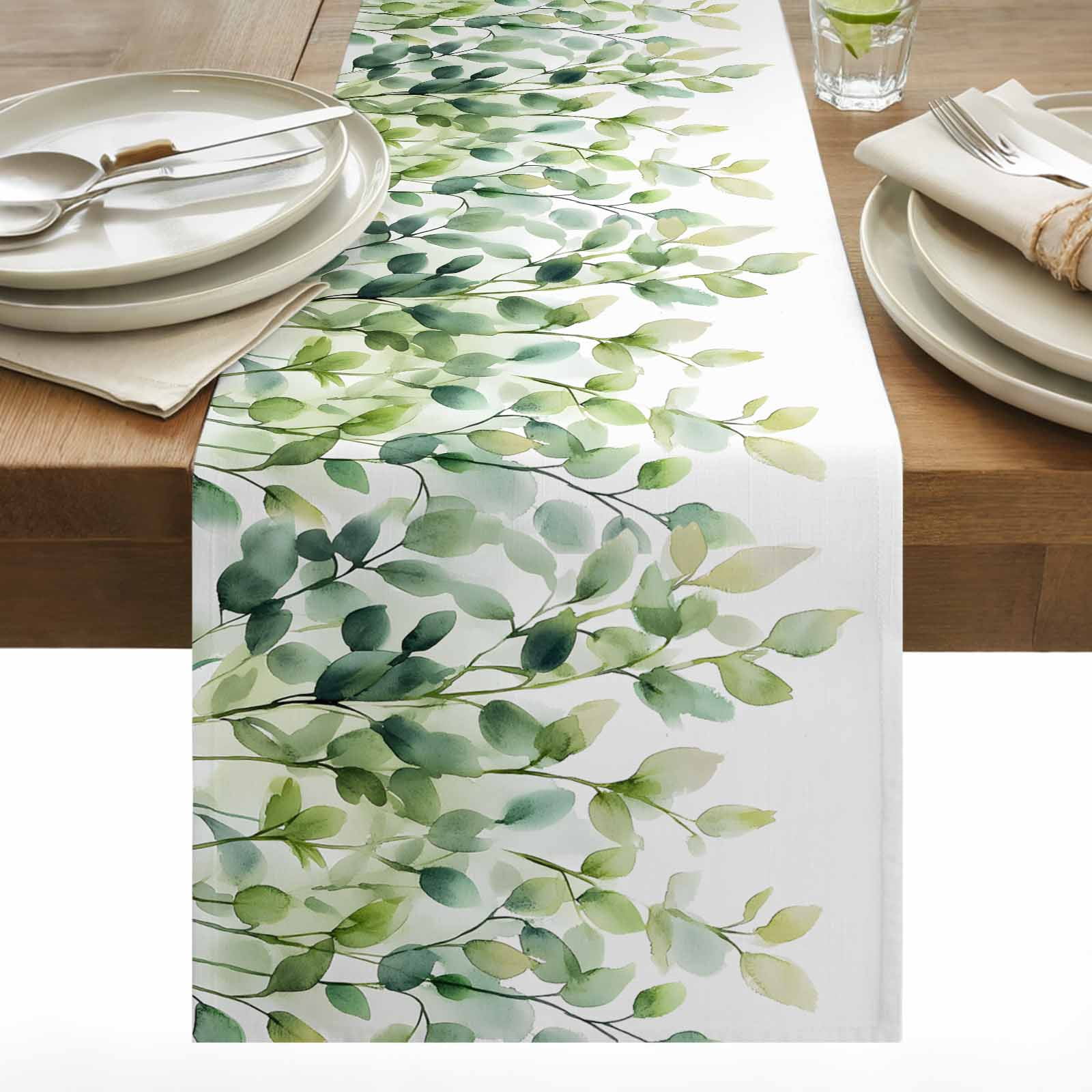 Green Leaf Cotton Linen Table Runner Spring Watercolor Leaves Plant ...