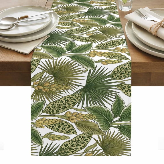 Green Leaf Cotton Linen Table Runner Vintage Tropical Summer Green Leaf ...