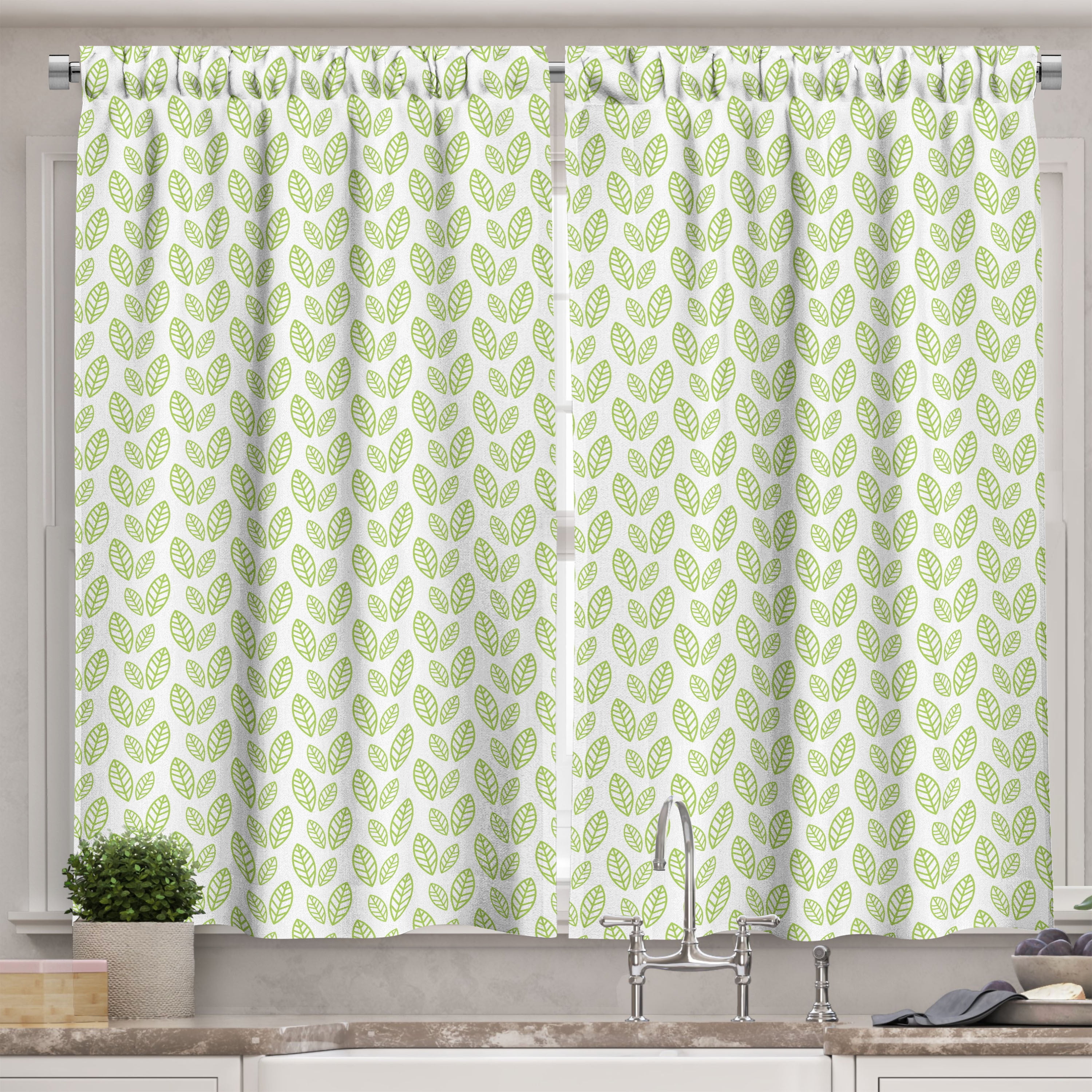 Green Leaf Curtains 2 Panels Set, Simple Organic Pattern with Abstract ...