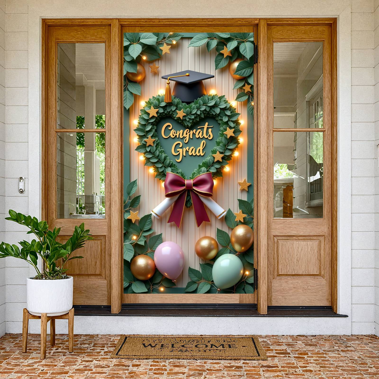 Green Leaf Design Graduation Banner Gold Star Decor Grad Party Backdrop ...