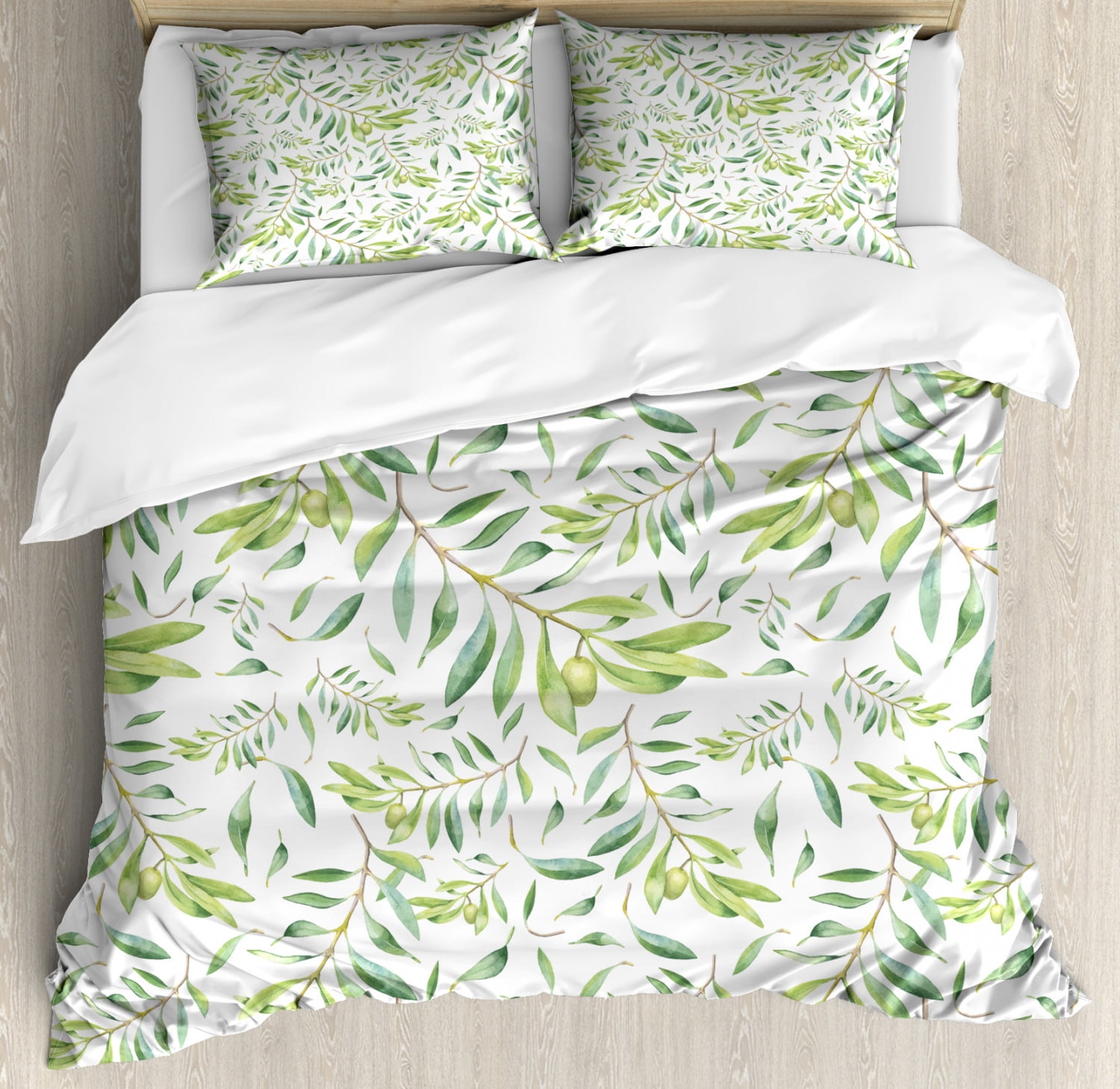 Green Leaf Duvet Cover Set King Size, Watercolor Style Olive Branch ...