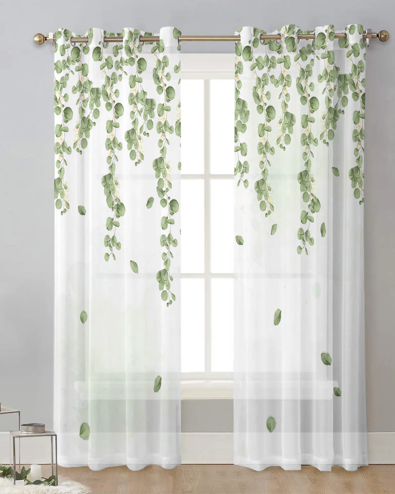 Green Leaf Eucalyptus Plant Tulle Living Room ration Transparent Sheer ...