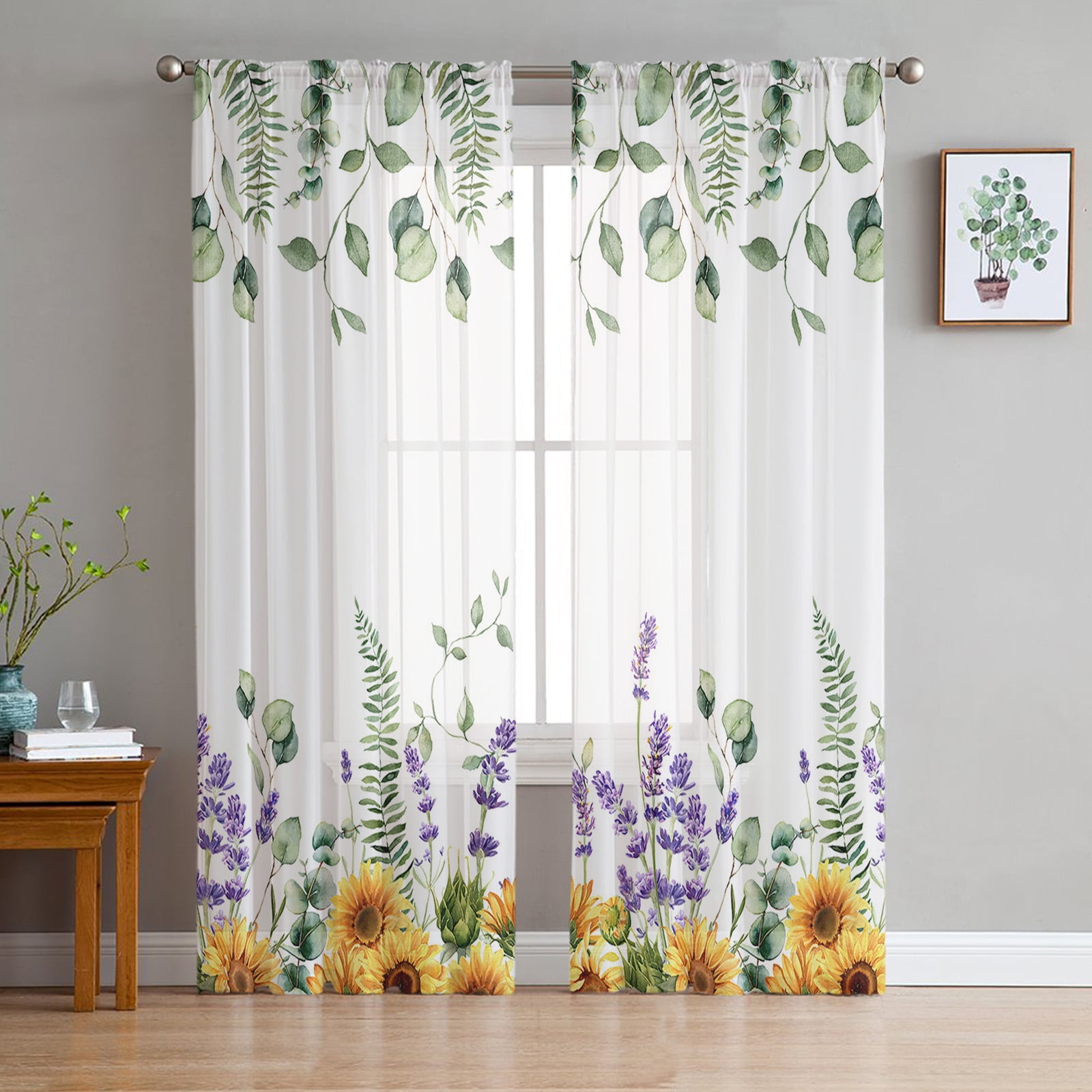 Green Leaf Eucalyptus Plant Tulle Voile Curtains For Bedroom Window ...