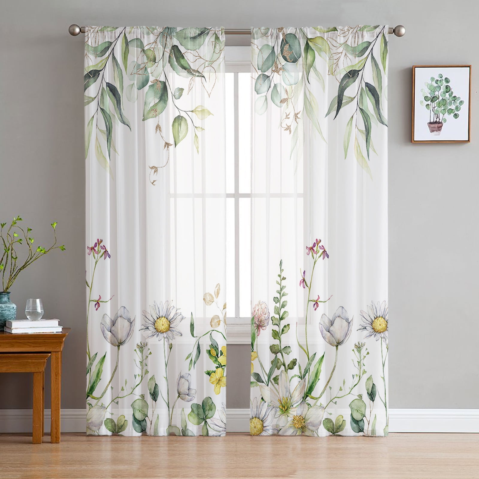 Green Leaf Eucalyptus Plant Tulle Voile Curtains For Bedroom Window ...