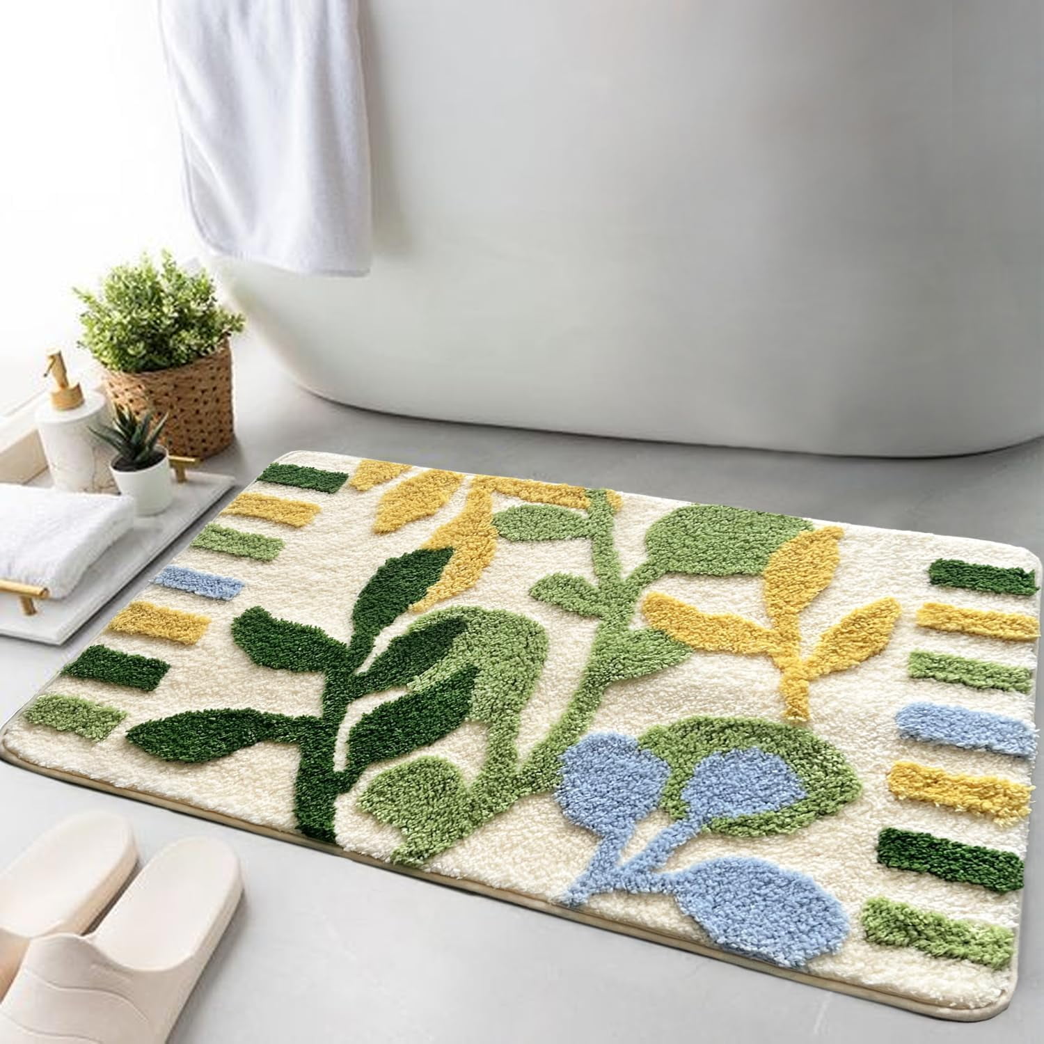 Green Leaf Extra Soft High Absorbent Non-Slip Plush Shaggy Bath Carpet ...