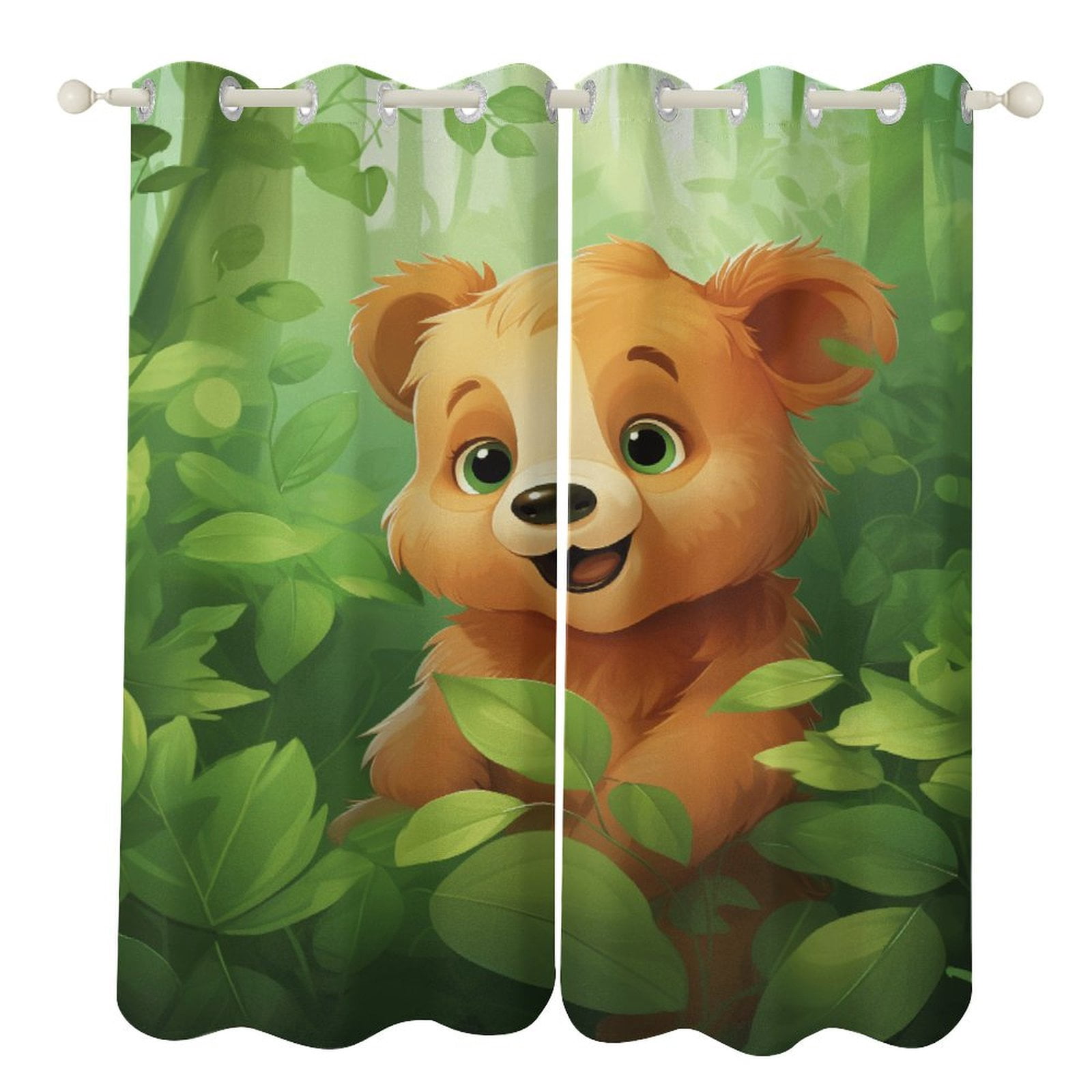 Green Leaf Jungle Animals 2 Panel Curtain Set, Watercolor Painting ...