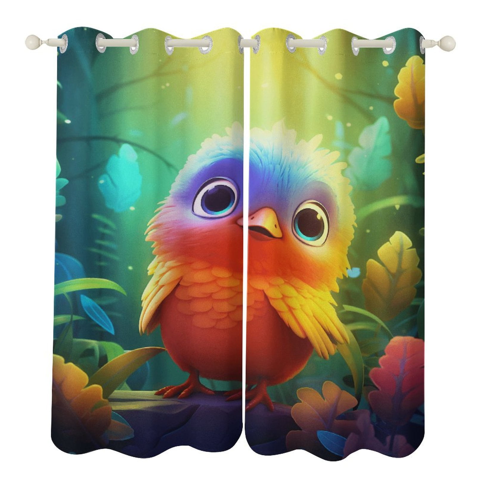 Green Leaf Jungle Animals 2 Panel Curtain Set, Watercolor Painting ...