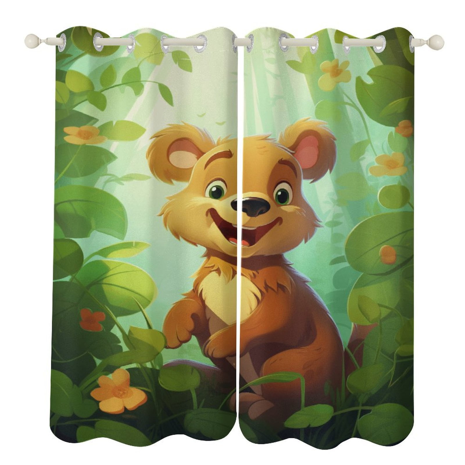 Green Leaf Jungle Animals 2 Panel Curtain Set, Watercolor Painting ...